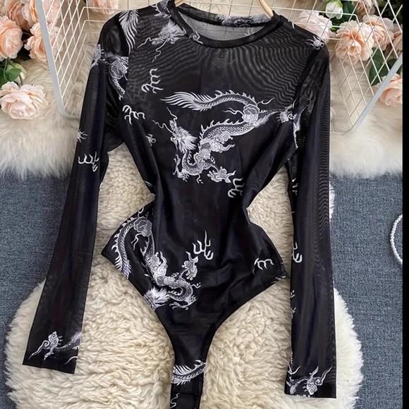Tops | New Mesh Dragon Print Bodysuit | Poshmark
